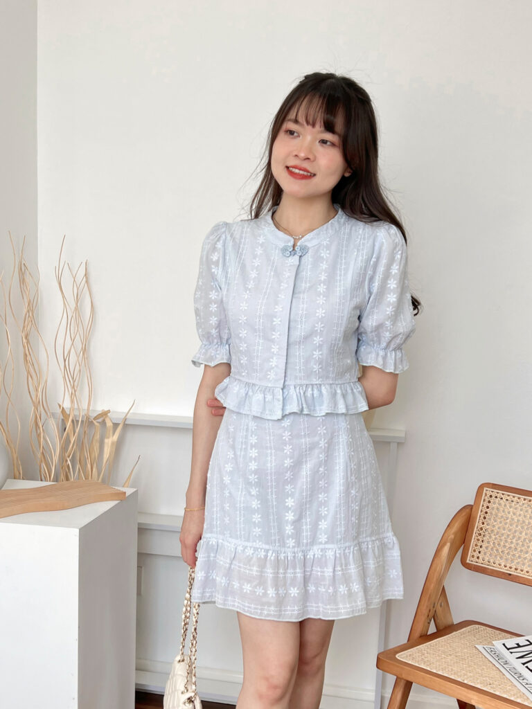 Edna Cheongsam Set (Ice Blue) - Beez Boutique