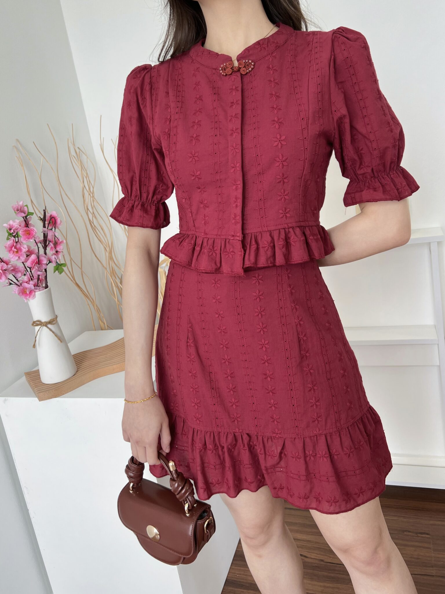 Edna Cheongsam Set (Maroon) - Beez Boutique