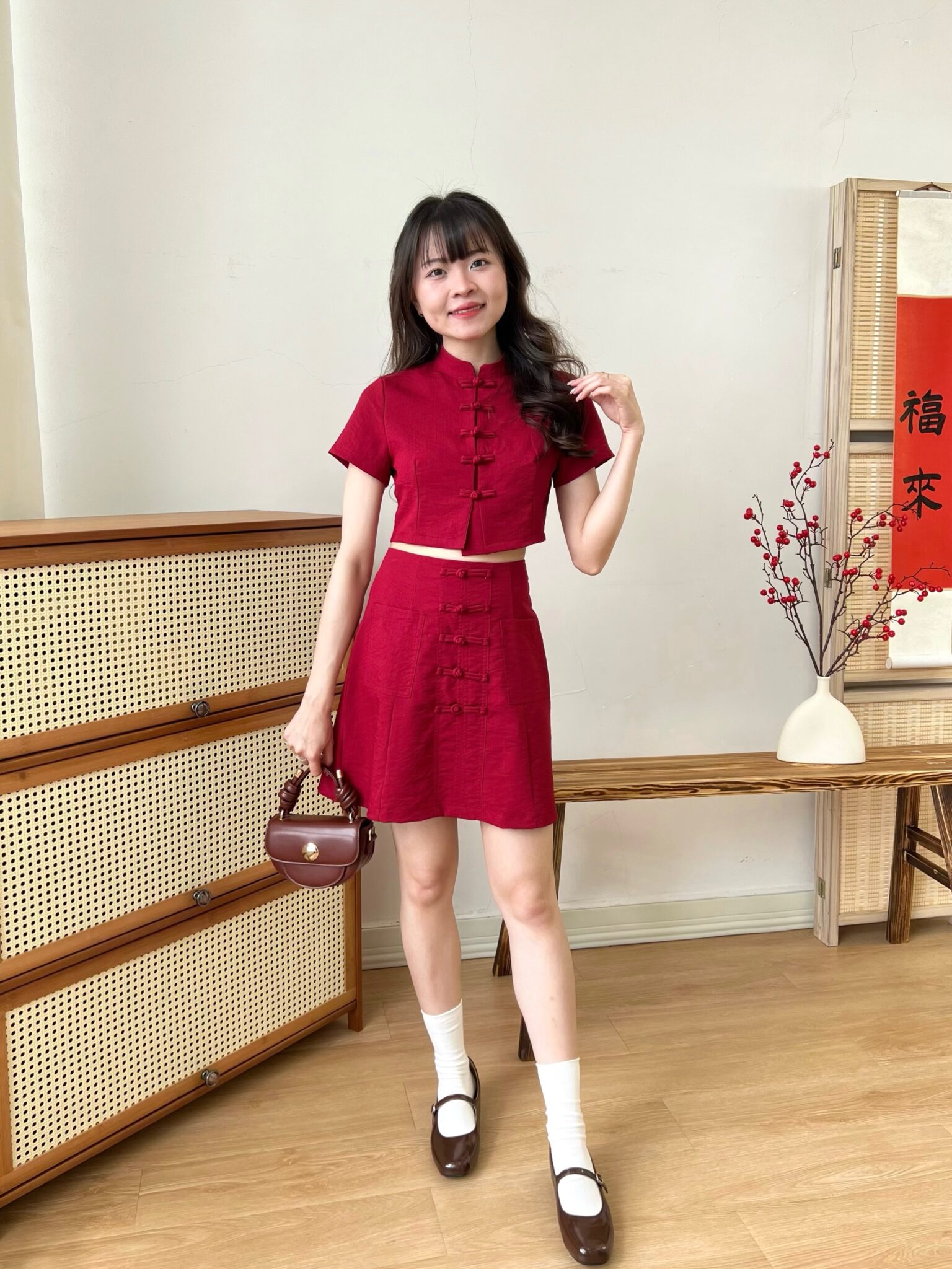 Huan Cheongsam Set (Maroon) - Beez Boutique