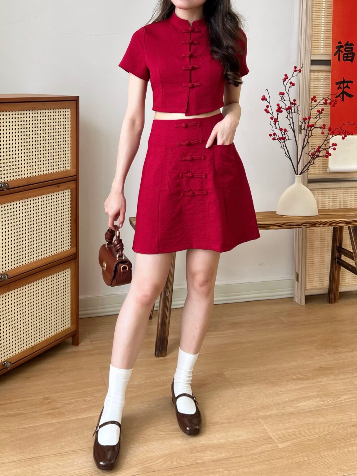 Huan Cheongsam Set (Maroon) - Beez Boutique