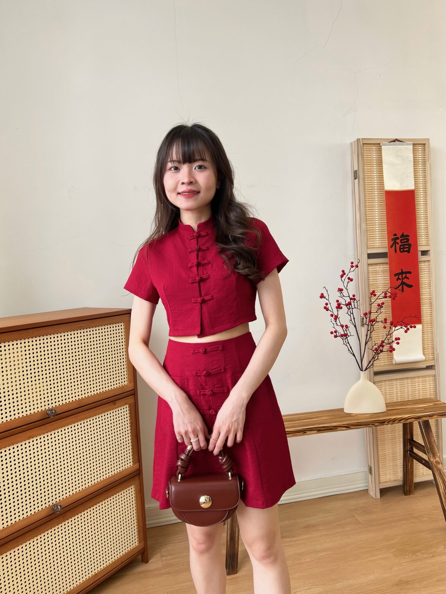 Huan Cheongsam Set (Maroon) - Beez Boutique